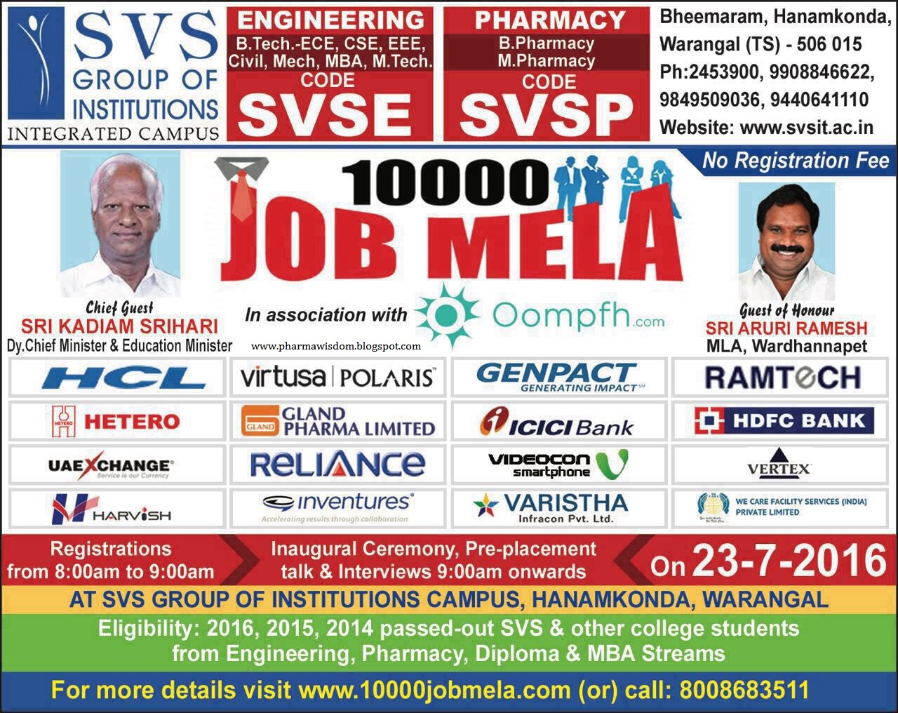 10000 JOB MELA on 23/07/2016 @ SVS GROUP OF INSTITUTIONS, Hanamkonda ...