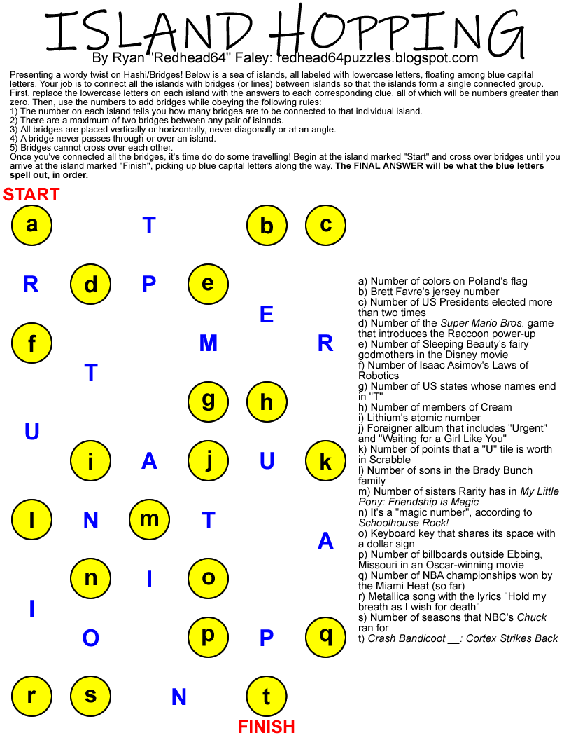 Redhead64's Obscure Puzzle Blog!: PUZZLE #192: Island Hopping