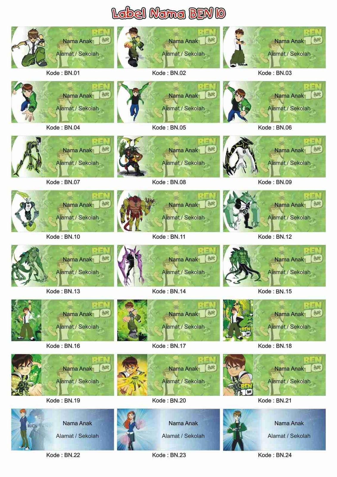 Stiker Label Nama: Ben 10 Series