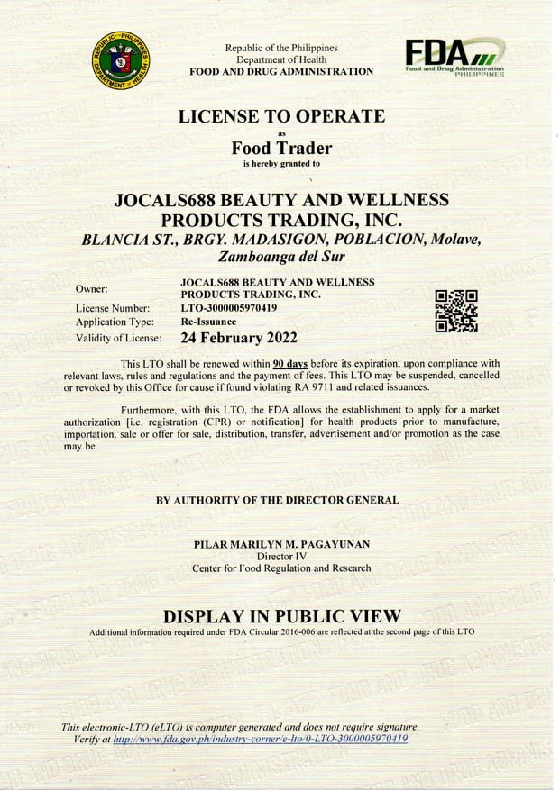 FDA grants license to operate to Jocals688 Beauty & Wellness Products ...