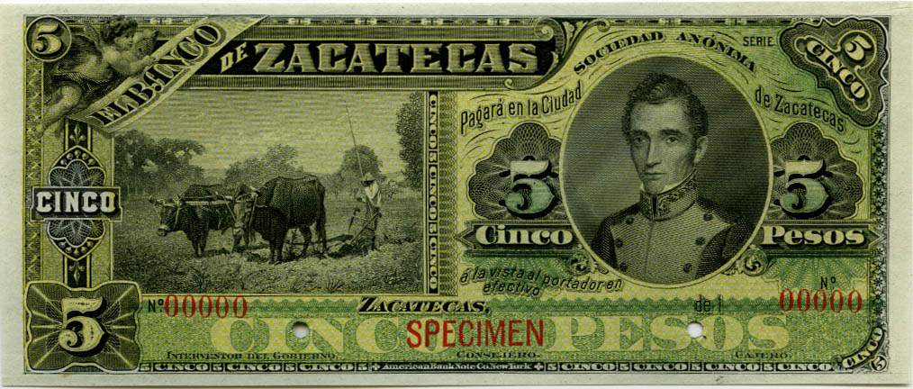 Mexico banknotes 5 Pesos note 1891 El Banco de Zacatecas|World ...