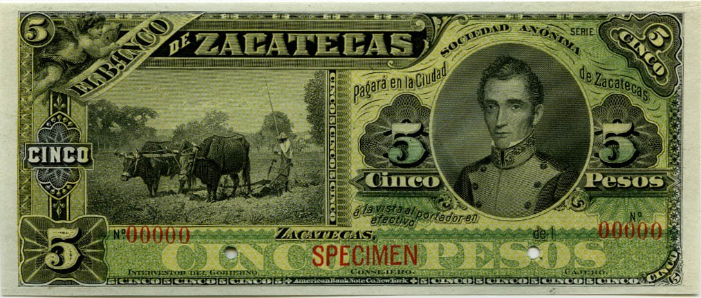 Mexico banknotes 5 Pesos note 1891 El Banco de Zacatecas|World ...