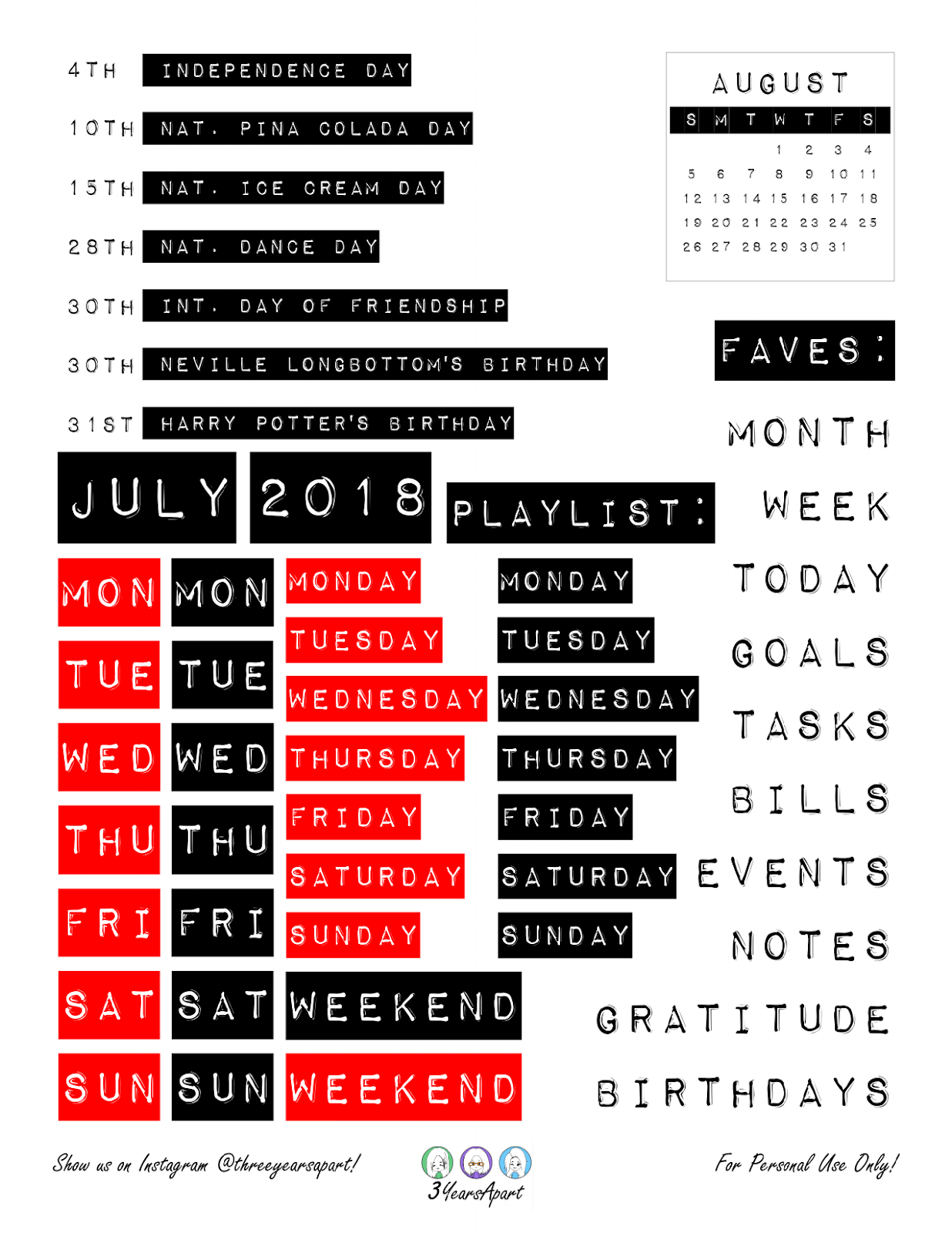 July 2018 Bundle | Free Printable for Bullet Journals and Planner | 3 ...