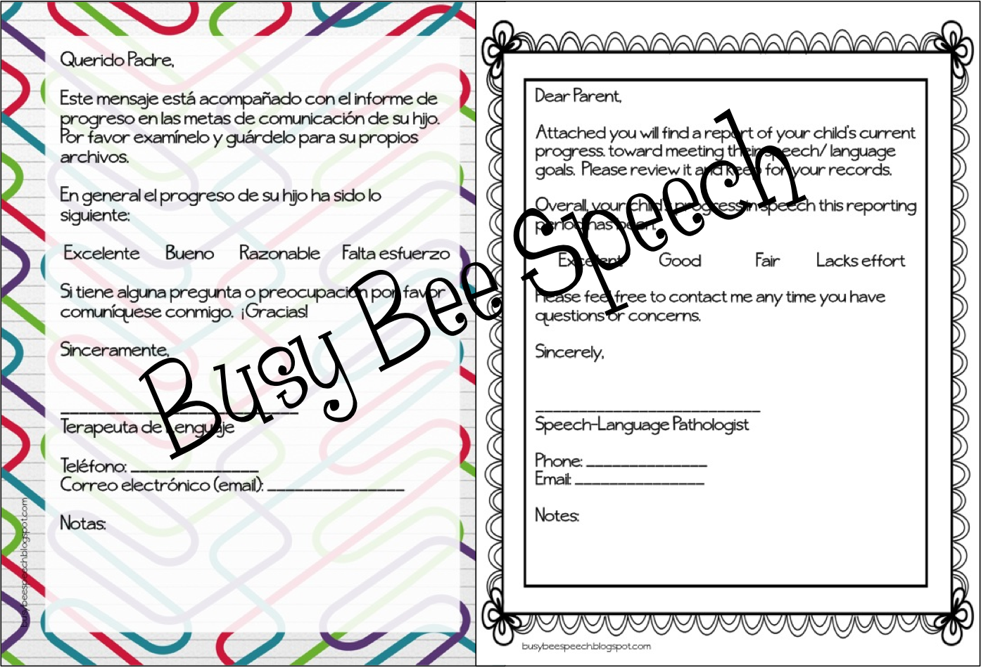 Busy Bee Speech: Parent Letters for Speech Therapy in English & SPANISH