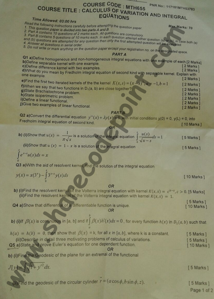 MTH655 - Calculus of variation and integral equations End Term Exam ...