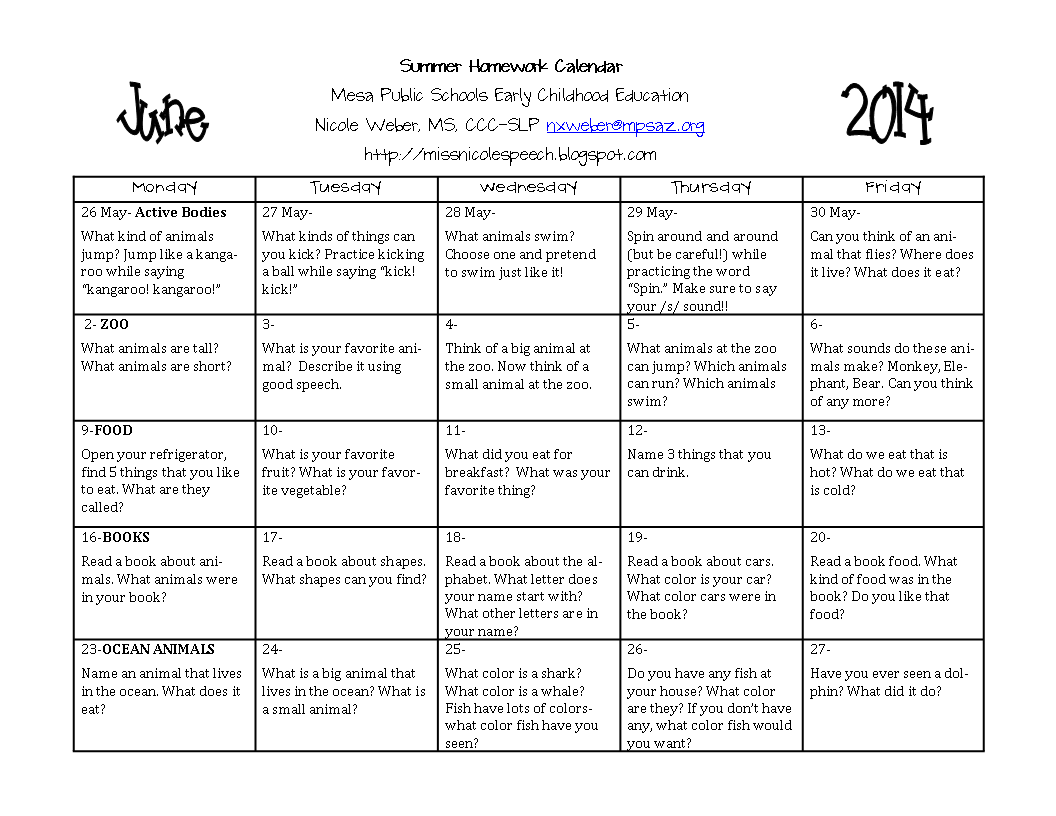 Speech Therapy with Miss Nicole: Summer Homework Calendars 2014