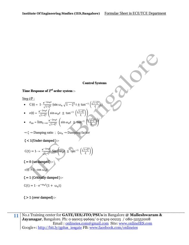Formula sheets- Control Systems - Gateway of Engineering