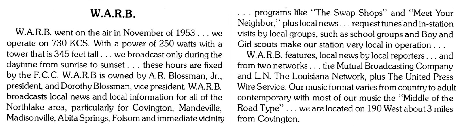 Tammany Family: WARB Memories