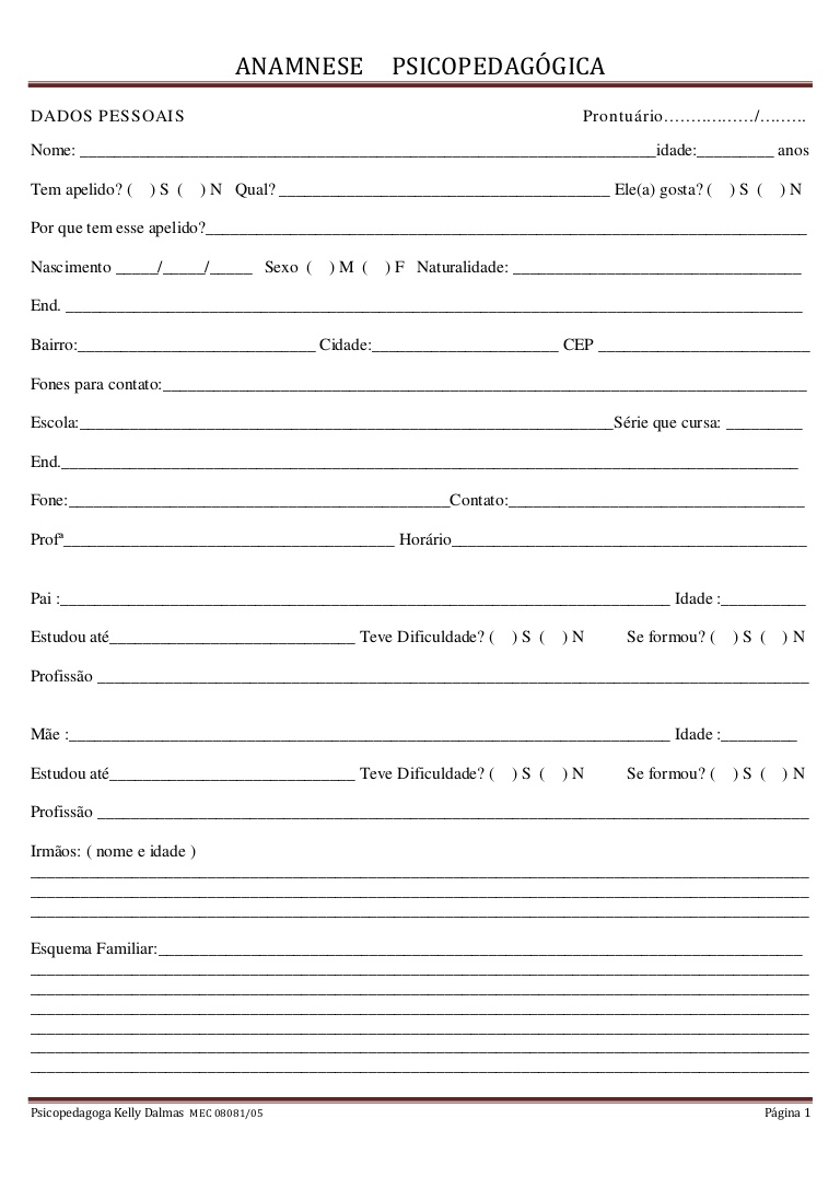 Baixar Ficha De Anamnese Psicologica Para Imprimir