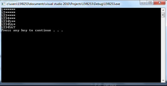 C++ program to draw following pattern using loops : 1****** 12***** 123 ...
