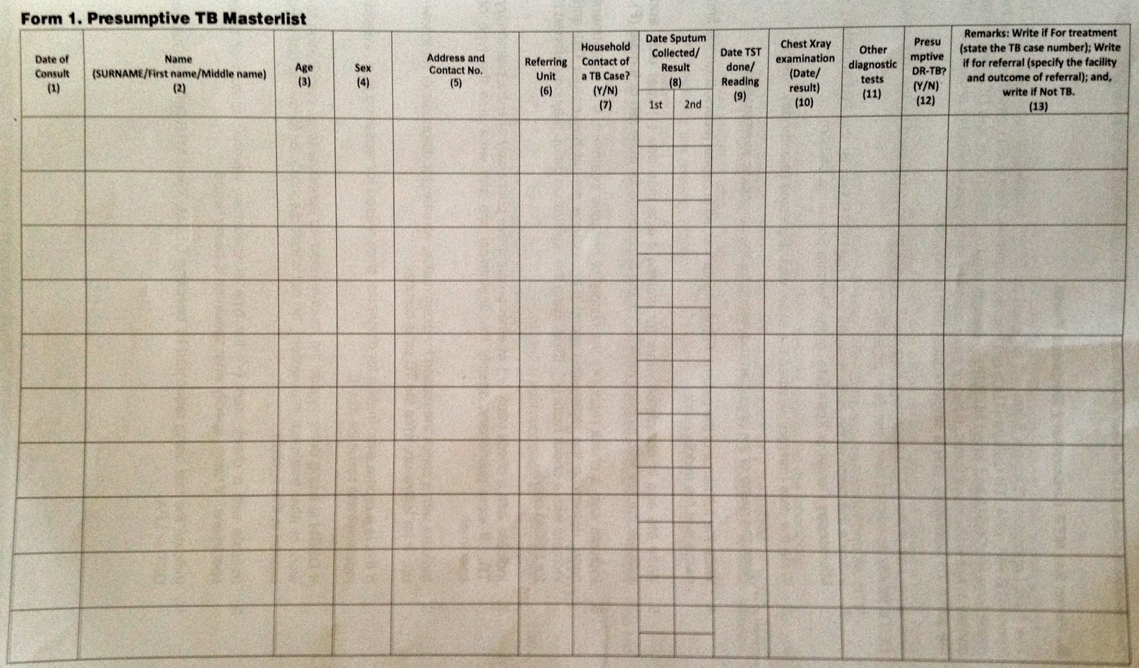 Public Health Resources: Form 1. Presumptive TB Masterlist | NTP DOH