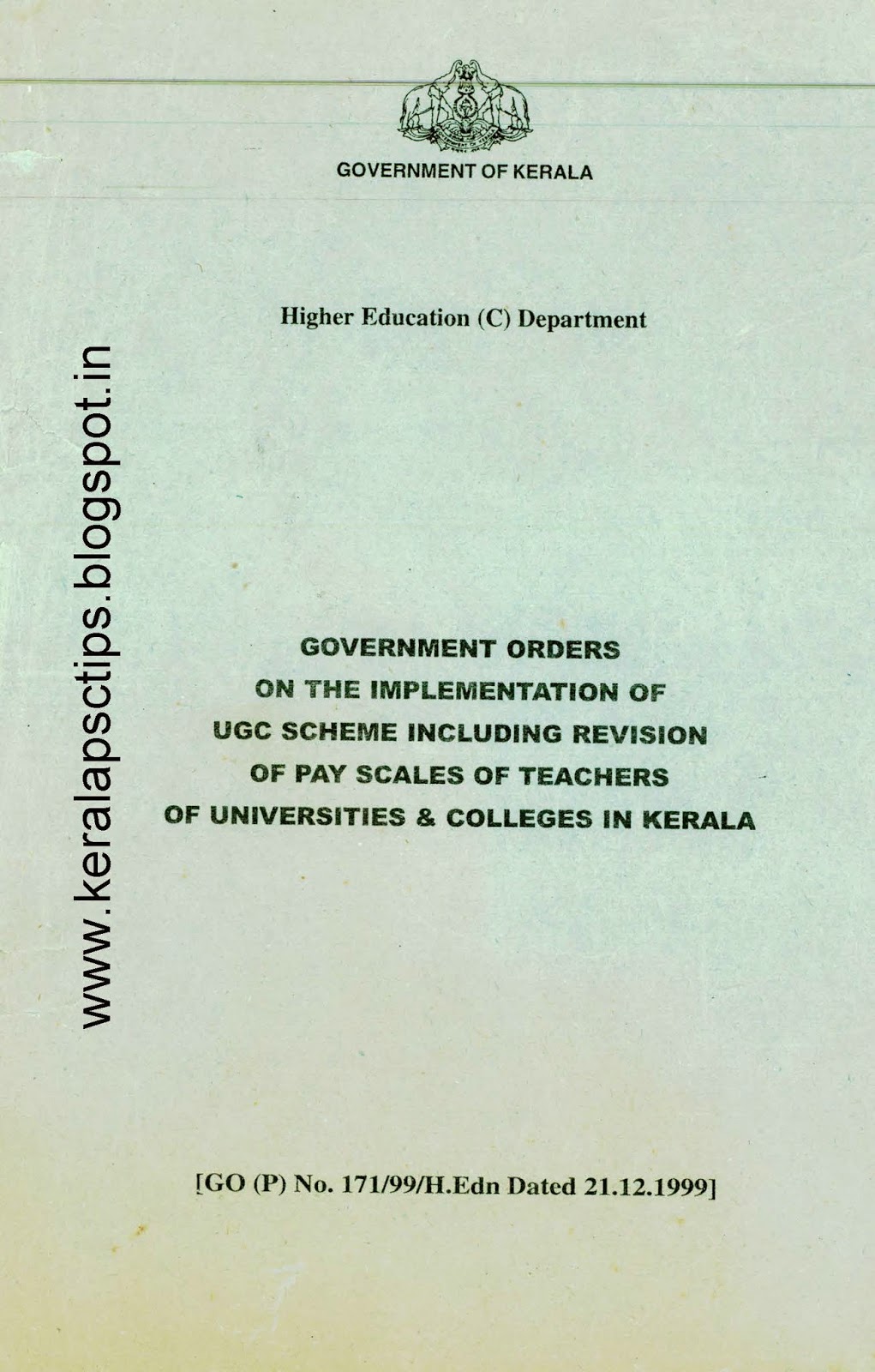 KERALA GOVERNMENT ORDERS: GO(P)No.171/1999/H.Edn dated 21/12/1999 ...