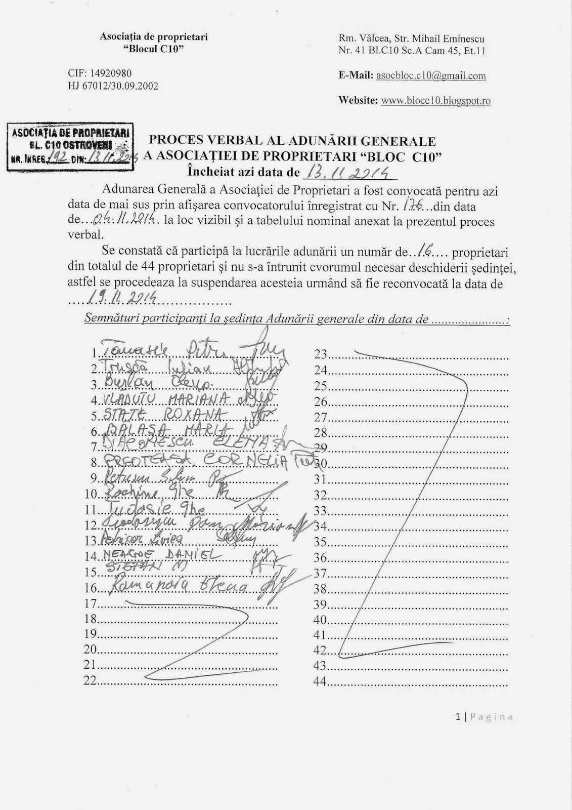 Asociatia de Proprietari Bloc C10 : Hotarari Adunare Generala