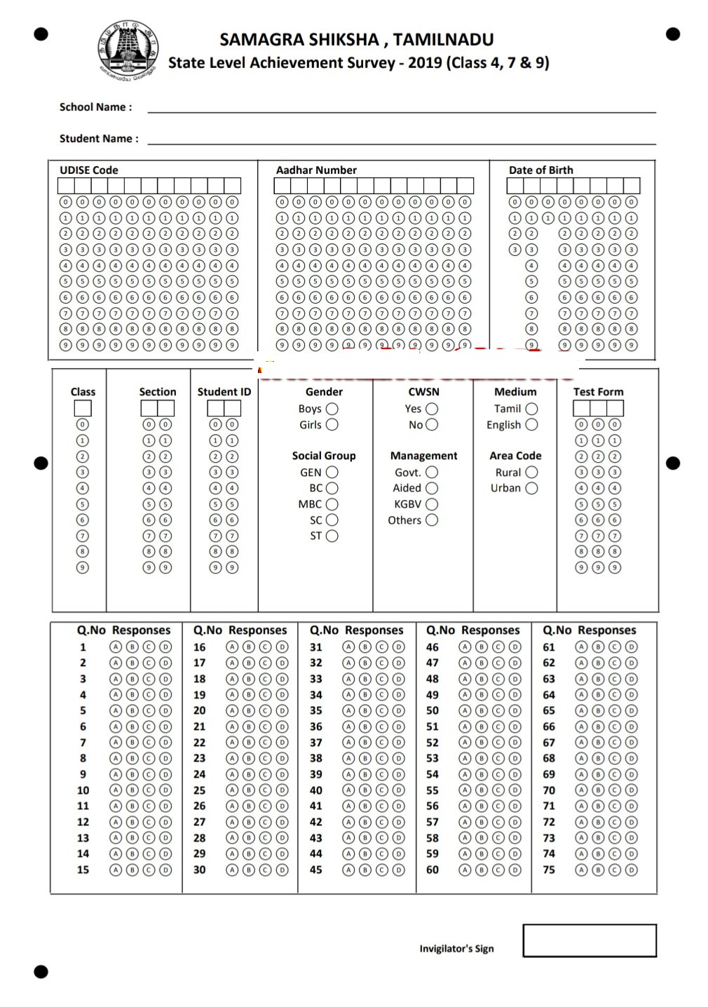 SLAS 2019 - OMR Model Answer Sheet [ Classes 4,7,9 ] - KALVIKURAL ...