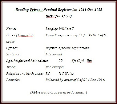 LIAM LANGLEY: Reading Jail - Prison Record 1916