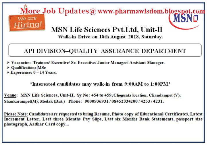 MSN Life Sciences Pvt. Ltd - Walk-In Drive for Freshers & Experienced ...
