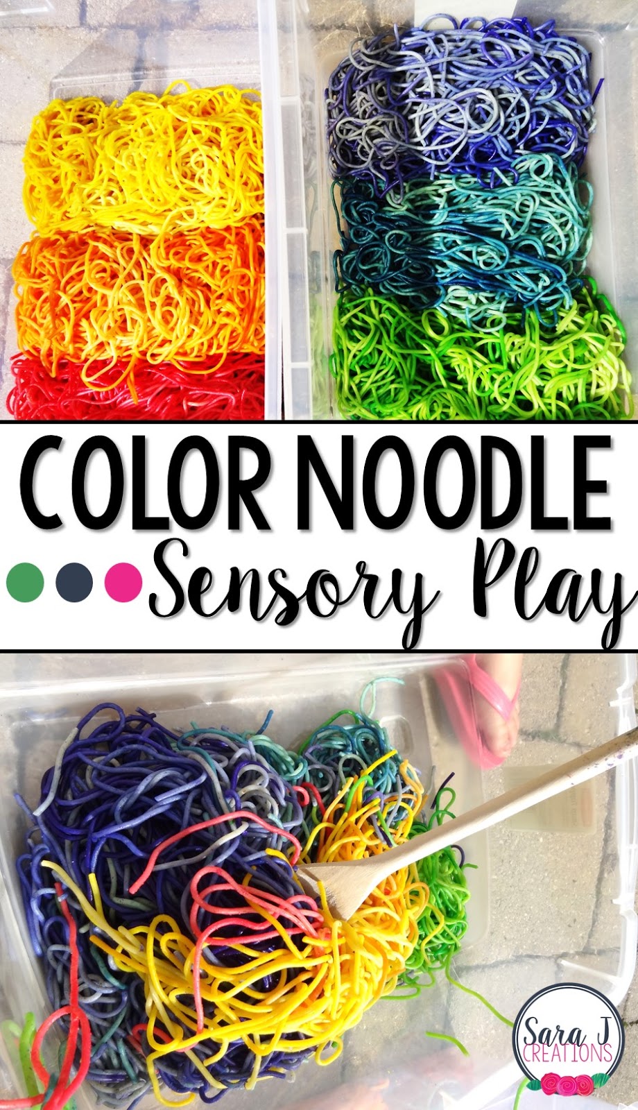 Color and Shape Sensory Play Ideas: Rainbow Noodles | Sara J Creations