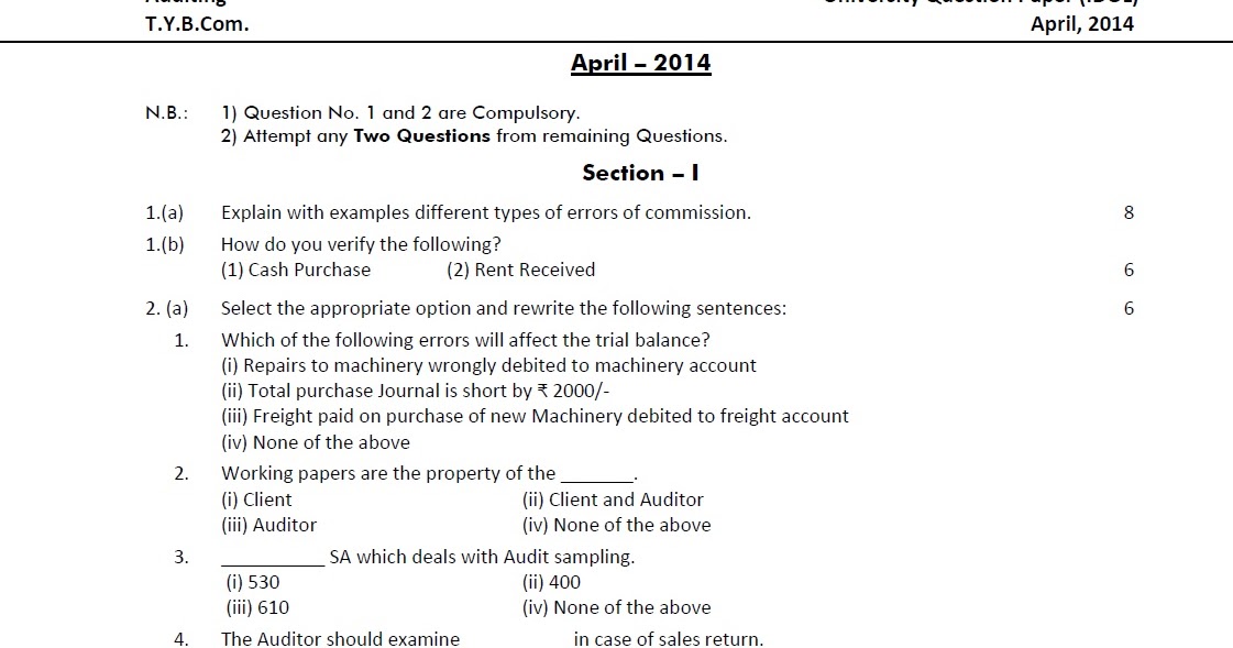 TYBCOM, IDOL: Auditing Question Paper - April 2014