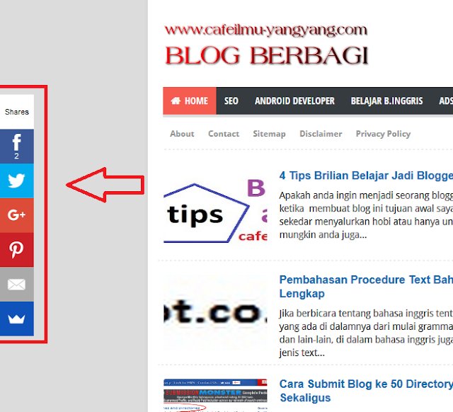 Cara Pasang Tombol Share Media Sosial Responsive Sidebar Kiri Blog | Tutorial Blog dan Dunia Online