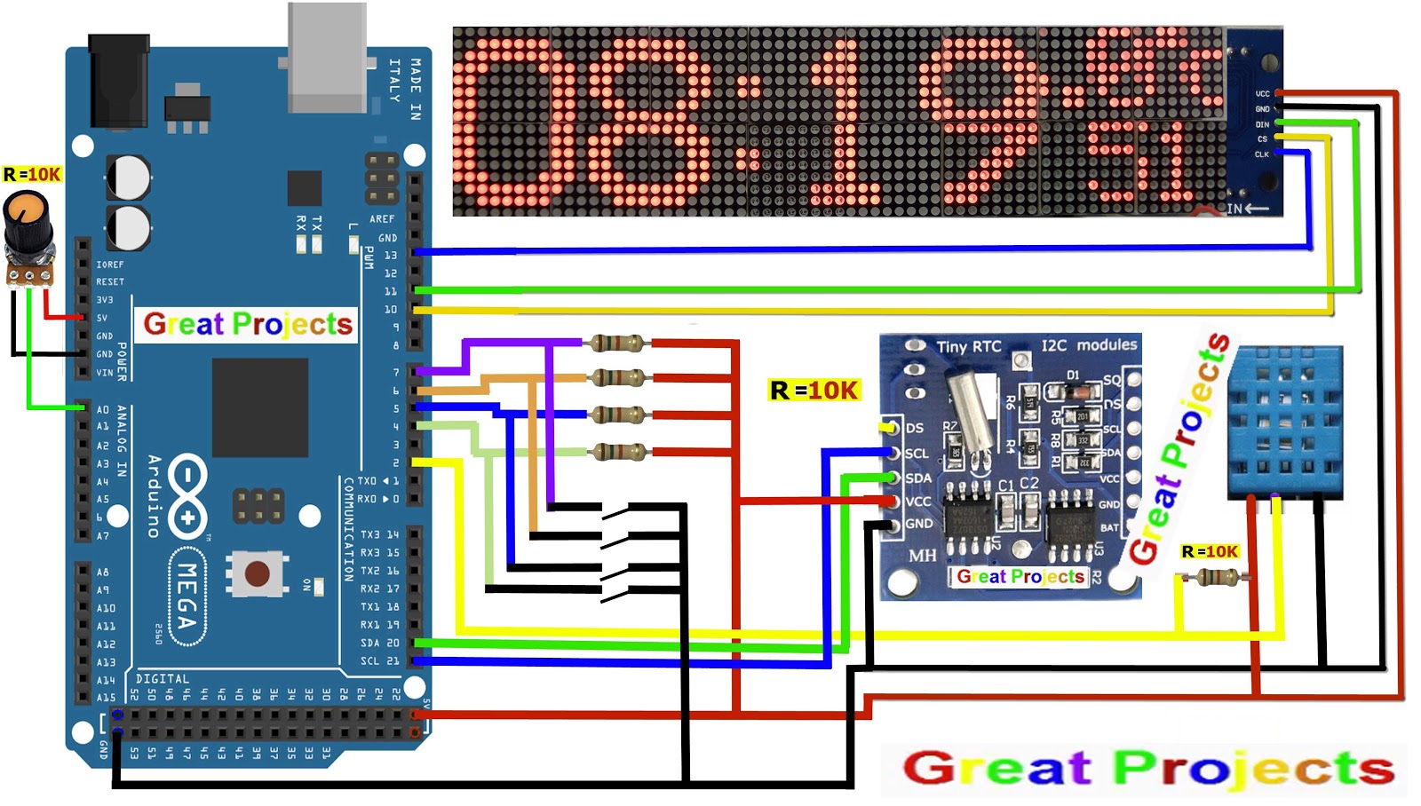 Great Projects: MAX7219-_DHT11-_DS1307_Arduino_Mega
