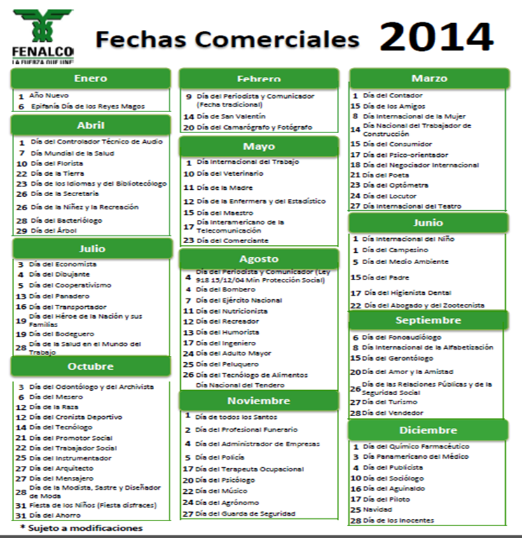 FECHAS COMERCIALES 2014 - FENALCO ~ BPO Marketing