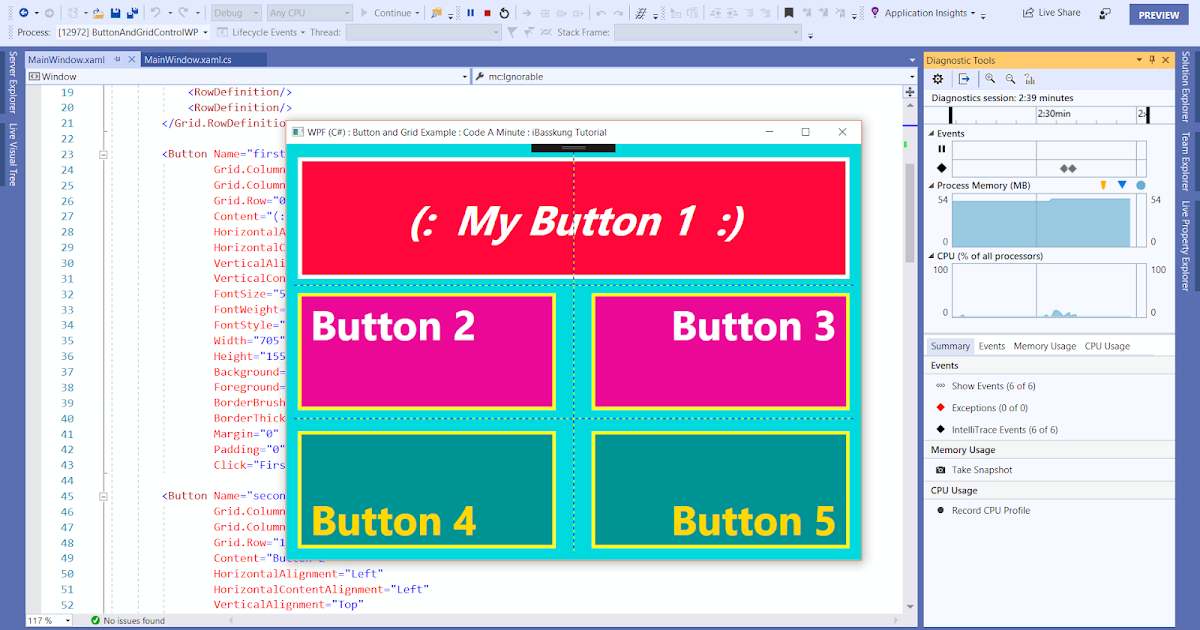 Visual Studio 2019 (WPF C# Source Code & XAML) Using the Grid Layout and Button Controls