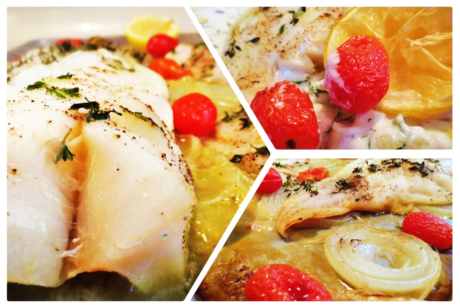 Broiled Cod with Sweet Onions, Cherry Tomatoes, and Tzatziki Sauce