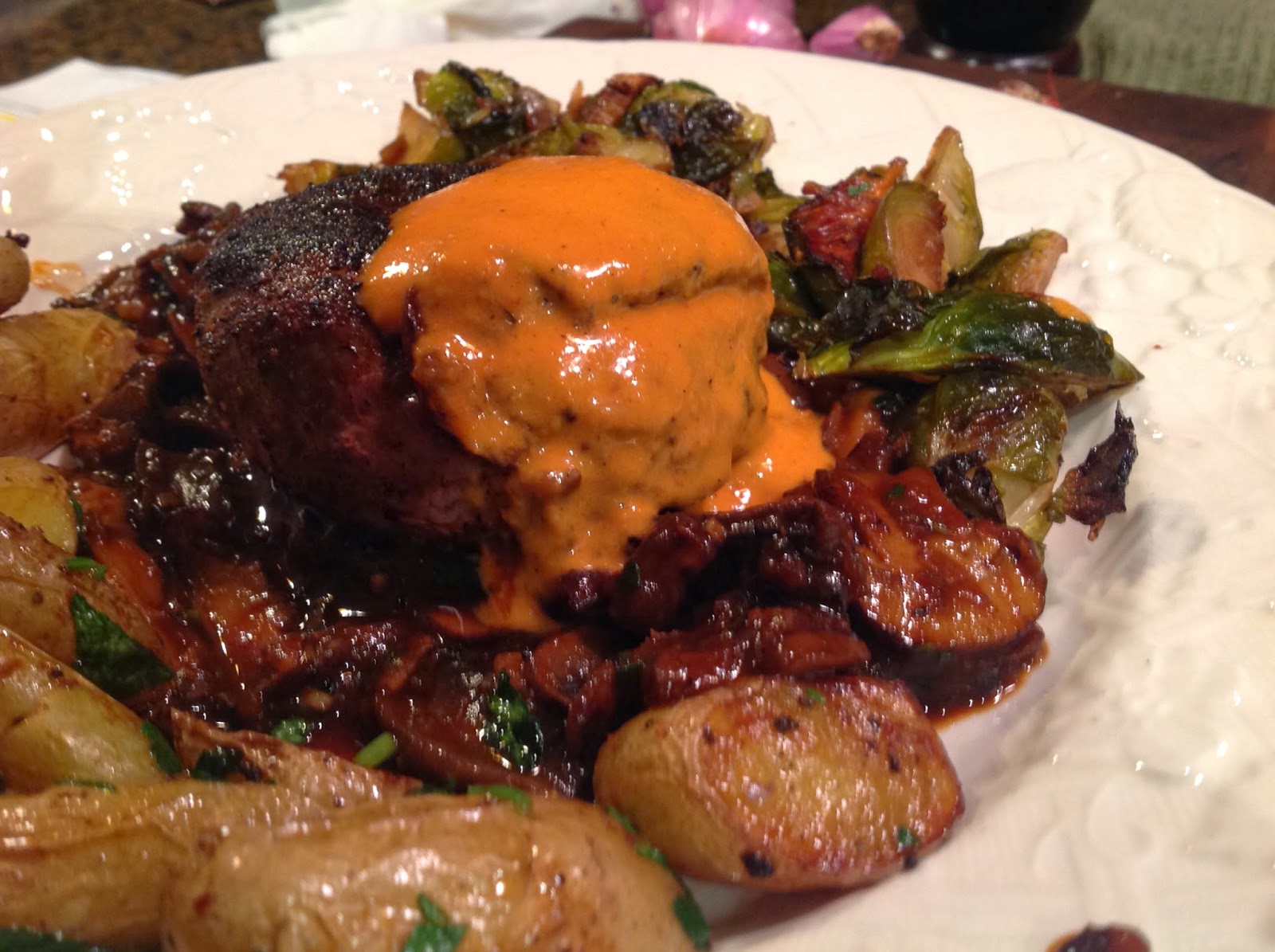 Coffee Rubbed Filet Mignon with Ancho Mushroom Sauce, Roasted ...