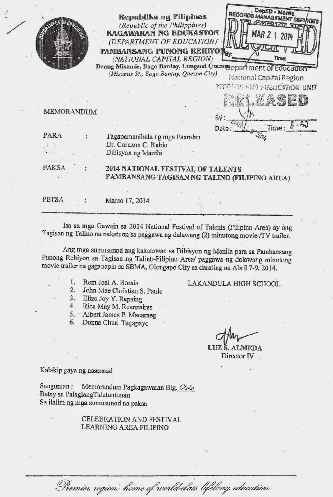 Department of Education Manila: Division Memorandum No. 176 - 2014 ...