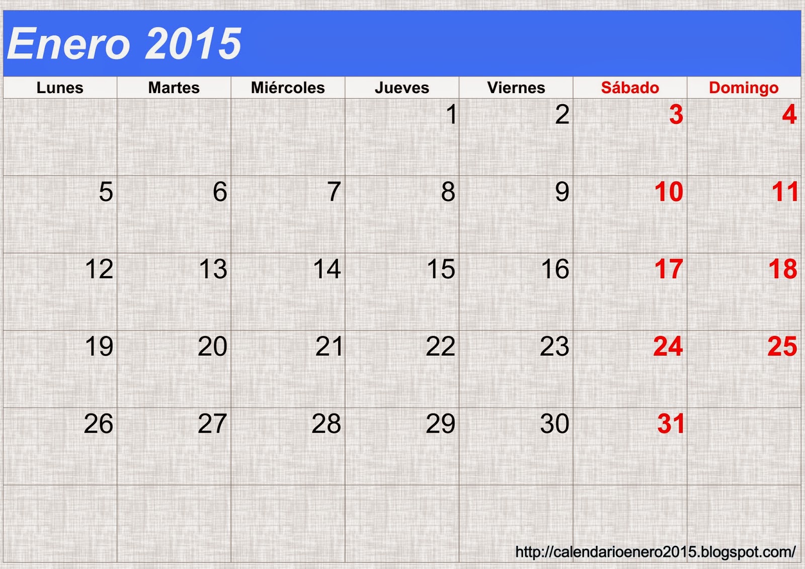 Calendario enero 2015 para imprimir - Calendario Para Imprimir Enero ...