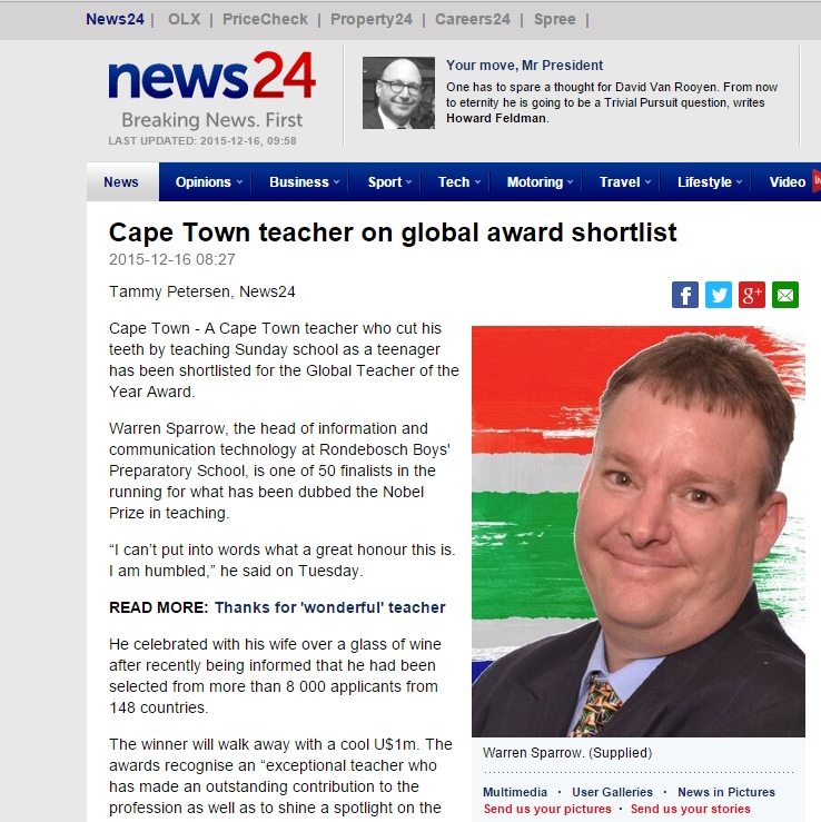 Warren Sparrow: News 24 Cape Town teacher on global award shortlist