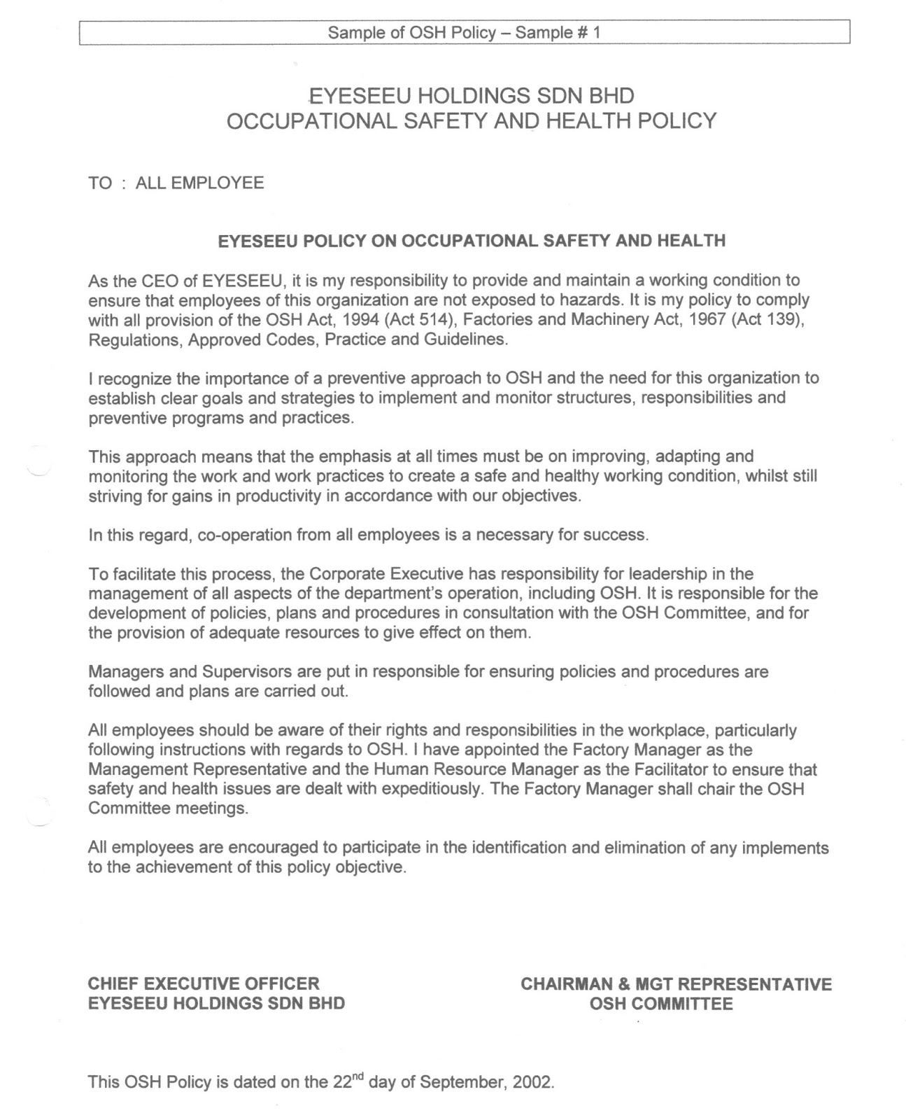 faudzil.blogspot.com: OSH MANAGEMENT - Work Place Safety and Health Policy