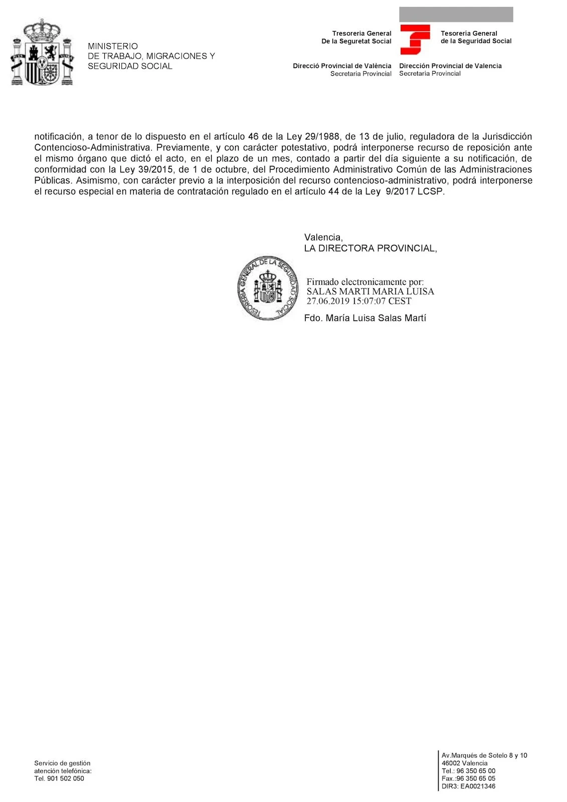 Adjudicación servicio de acuda en Tesorería General de la Seguridad ...
