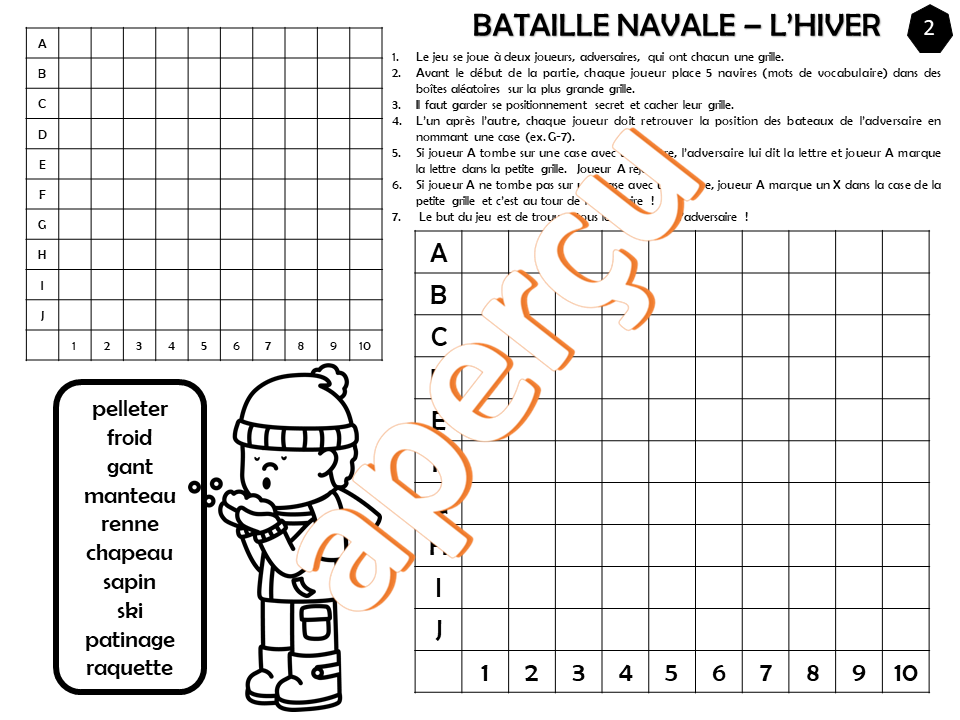 la classe de caro.: JEU BATAILLE NAVALE VOCABULAIRE DE L’HIVER – Série #1