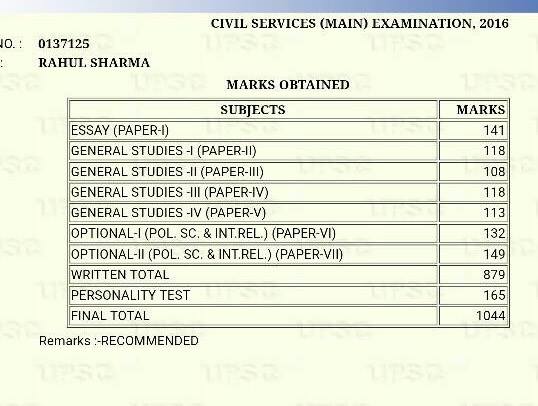 UPSC 2016 Mark sheets of IAS Toppers with Political Science as optional ...