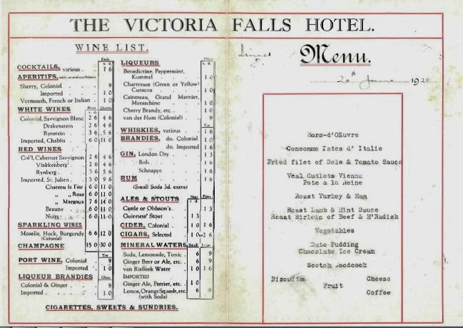 Our Rhodesian Heritage: The Victoria Falls Hotel Menu - January 20, 1928