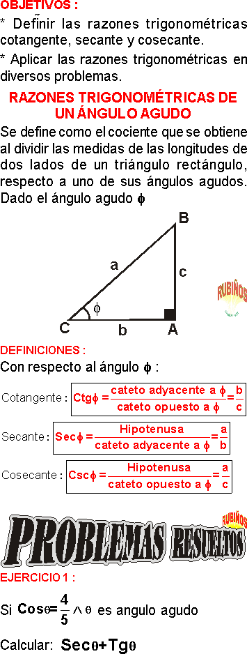 Seno , coseno , tangente , cotangente , secante y cosecante en un triangulo rectangulo ejemplos ...