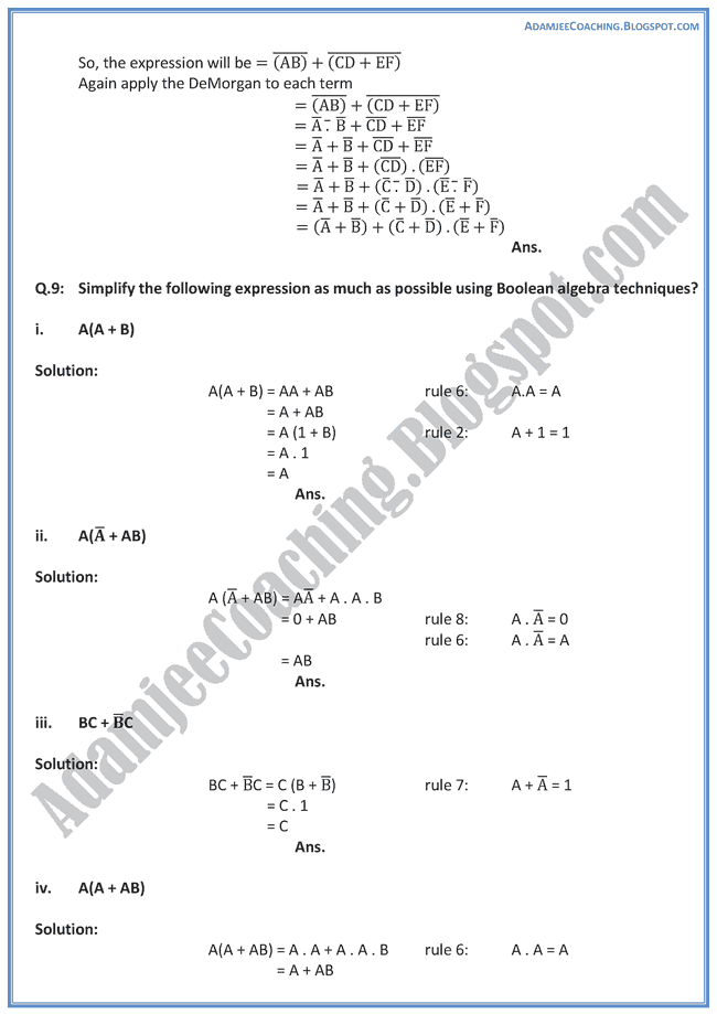Adamjee Coaching Boolean Algebra Descriptive Question Answers Computer Ix 3612