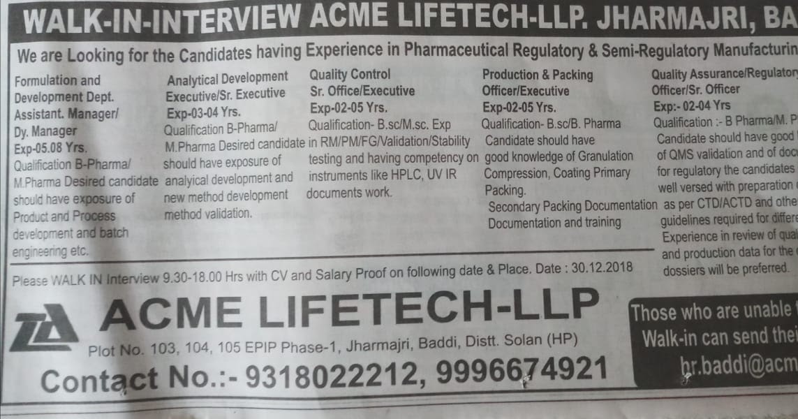 ACME Lifetech-LLP - Multiple Positions - Walk-In Interview - 30 ...