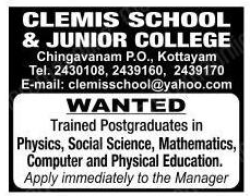 Clemis School and Junior College Kottayam Wanted PGT - Faculty Teachers