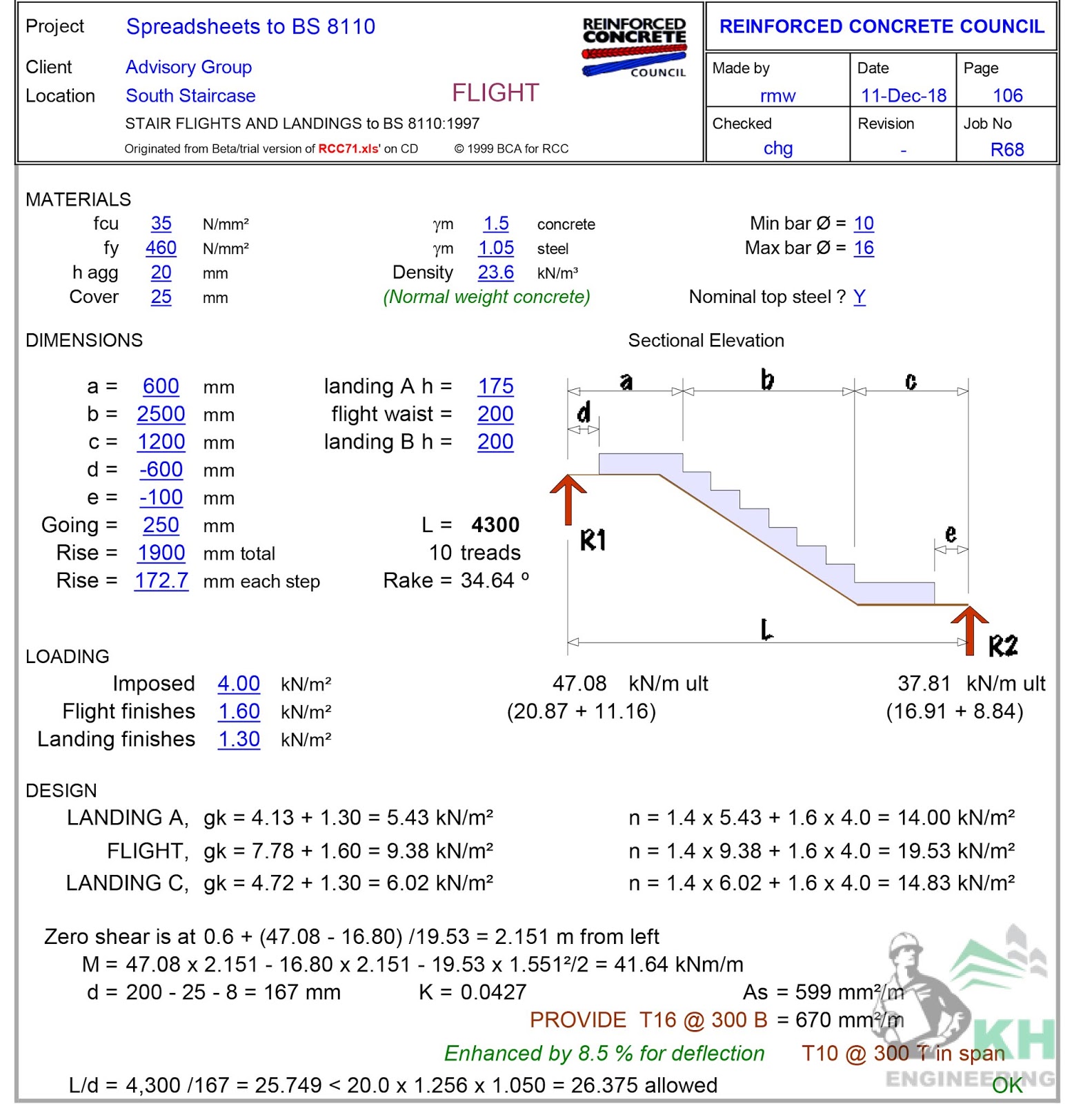 Stair Design Flight and Landing (Excel Sheet ) - Civil Engineering