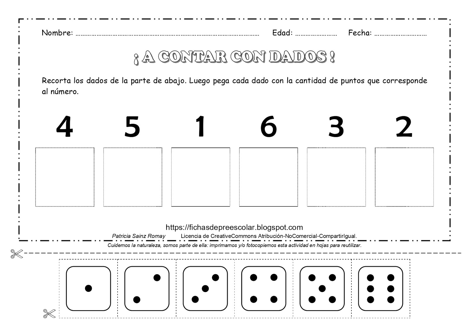 FICHAS DE EDUCACIÓN PREESCOLAR: ¡ A CONTAR CON DADOS ! Ejercicios de ...