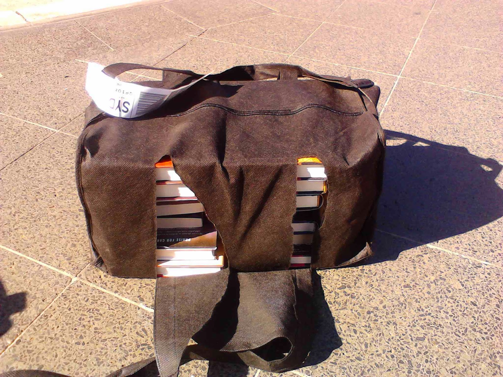 A dead man fell from the sky...: Book bag FAIL: that was a close call.