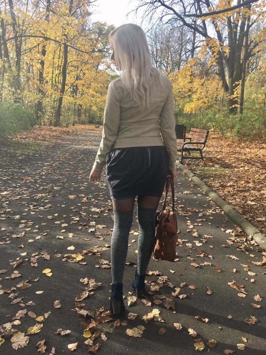 Stylish Blonde: TULIP skirt, grey bodysuit with interesting cleavage ...