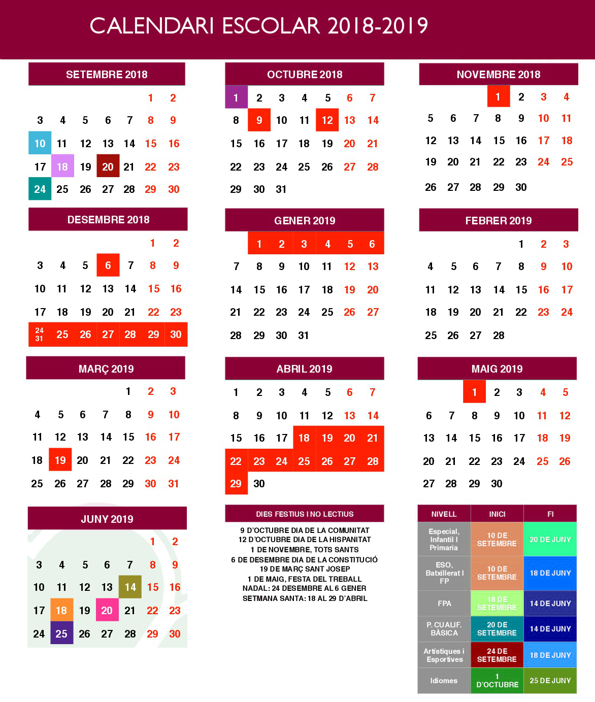 Calendari escolar 2018-19