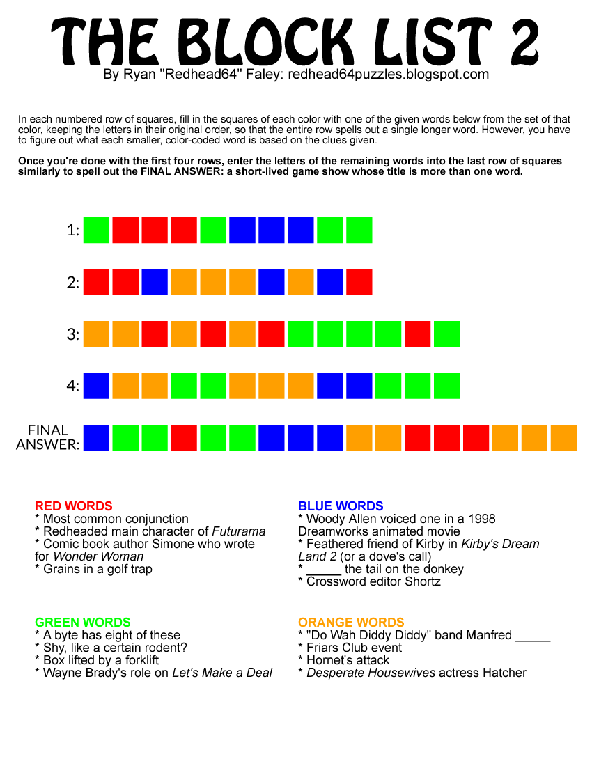 Redhead64's Obscure Puzzle Blog!: PUZZLE #179: The Block List 2