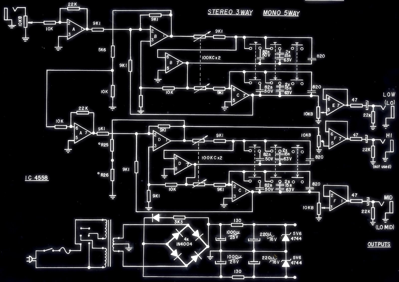 Schematic Diagrams: Stereo 3-way, Mono 5-way crossover, and hi-power ...