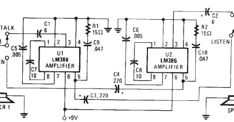 Simple Intercom schematic with LM386 Circuit Diagram