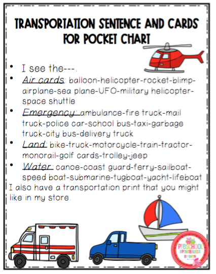 Transportation Sentence and Cards for Pocket Chart (Air-Land-Water ...