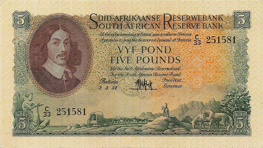South Africa banknotes £ 5 Pounds banknote of 1954 South African ...